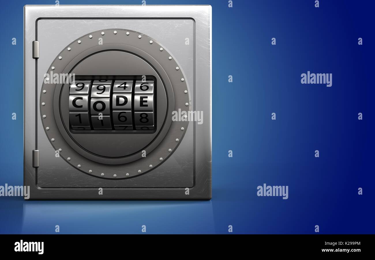 3d illustration of metal safe with code dial over blue background Stock ...