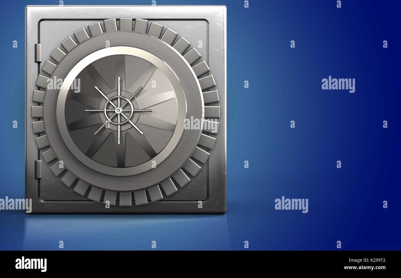 3d illustration of metal safe with vault door over blue background ...