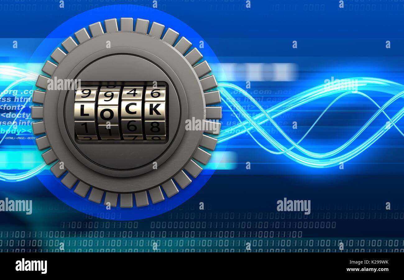 3d illustration of code lock door over digital waves background Stock ...