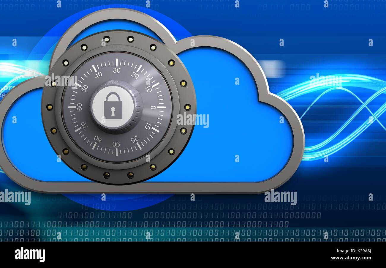 3d illustration of cloud with combination lock over digital waves ...