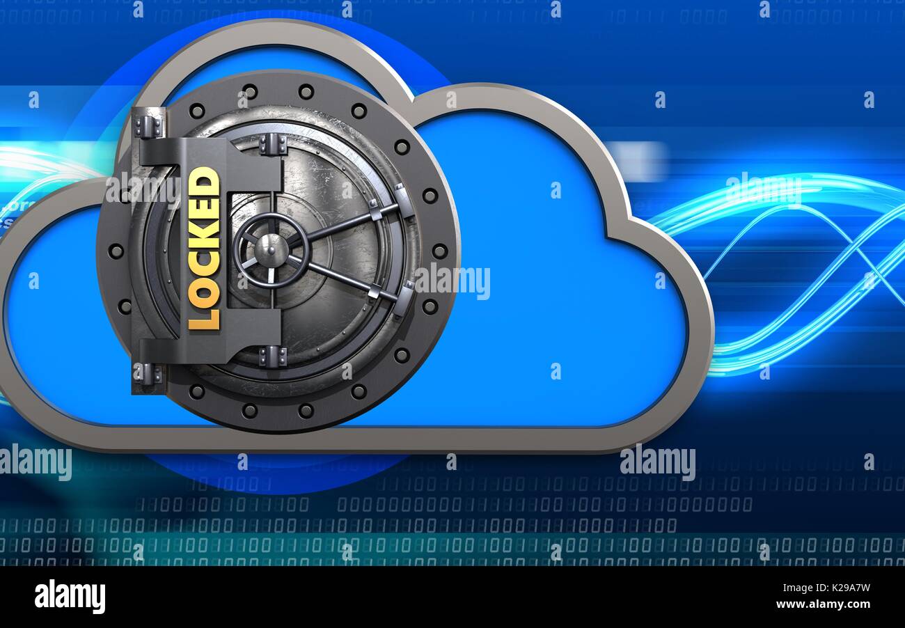 3d illustration of cloud with locked vault door over digital waves ...