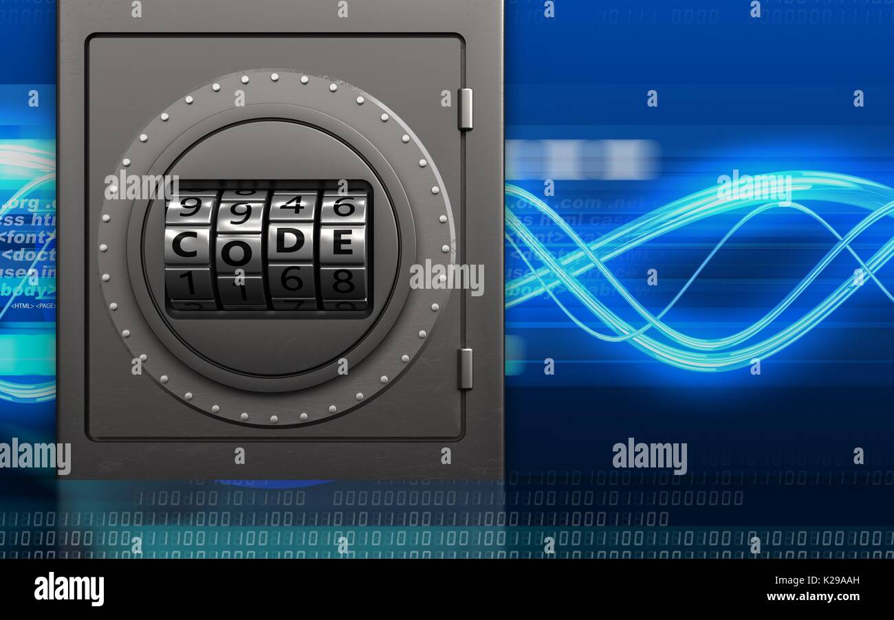 3d illustration of metal safe with code dial over digital waves ...