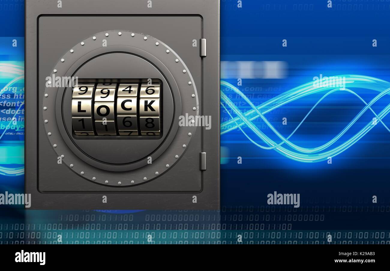 3d illustration of metal safe with code lock door over digital waves ...
