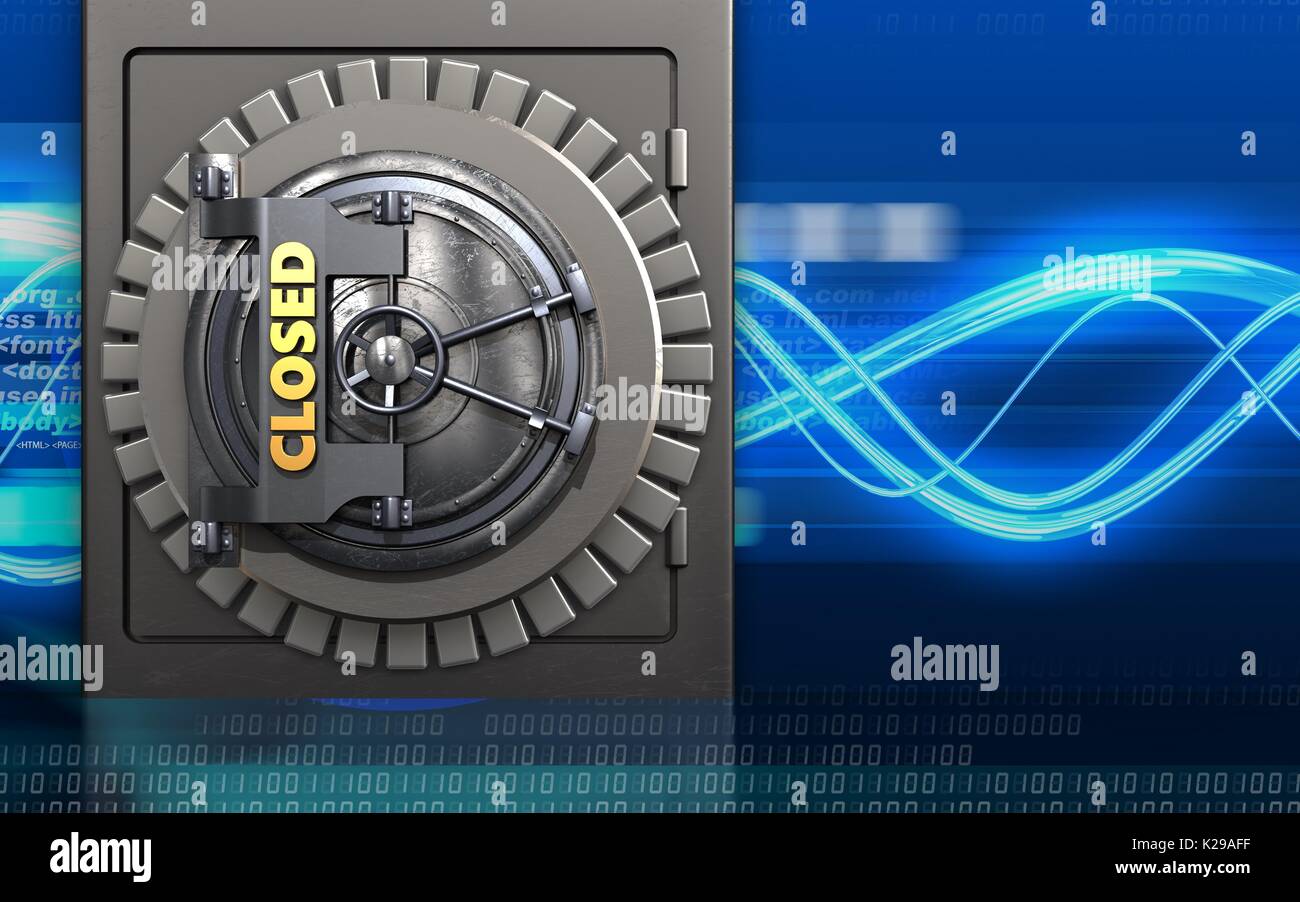 3d illustration of metal safe with closed vault door over digital waves ...