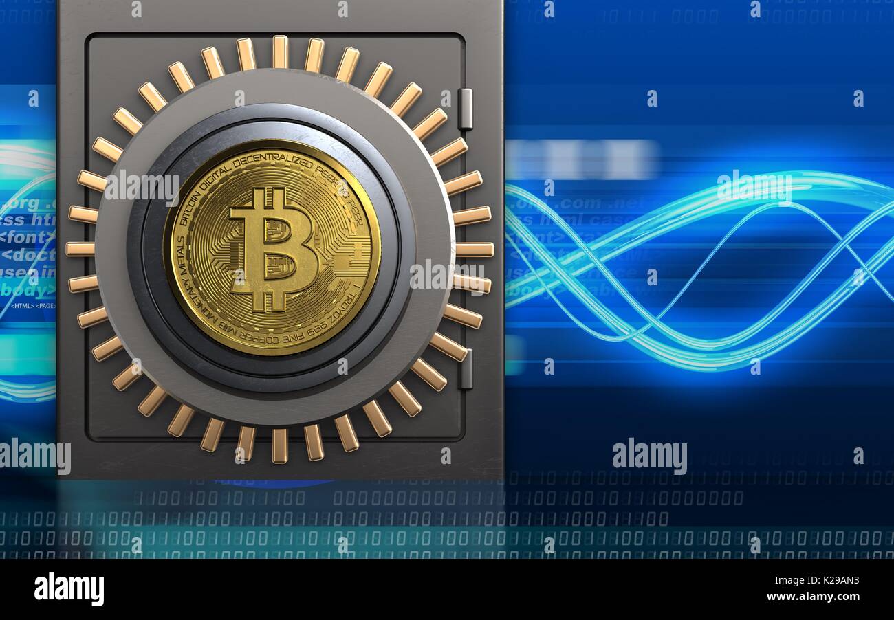 3d illustration of metal safe with bitcoin safe over digital waves ...