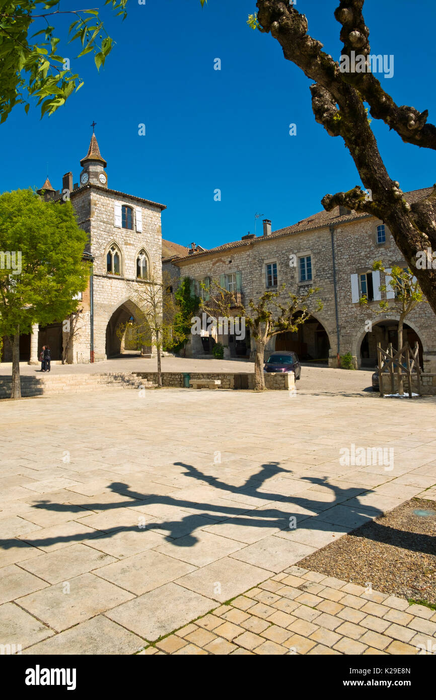 A picturesque corner of the central square in Monflanquin, Lot-et ...