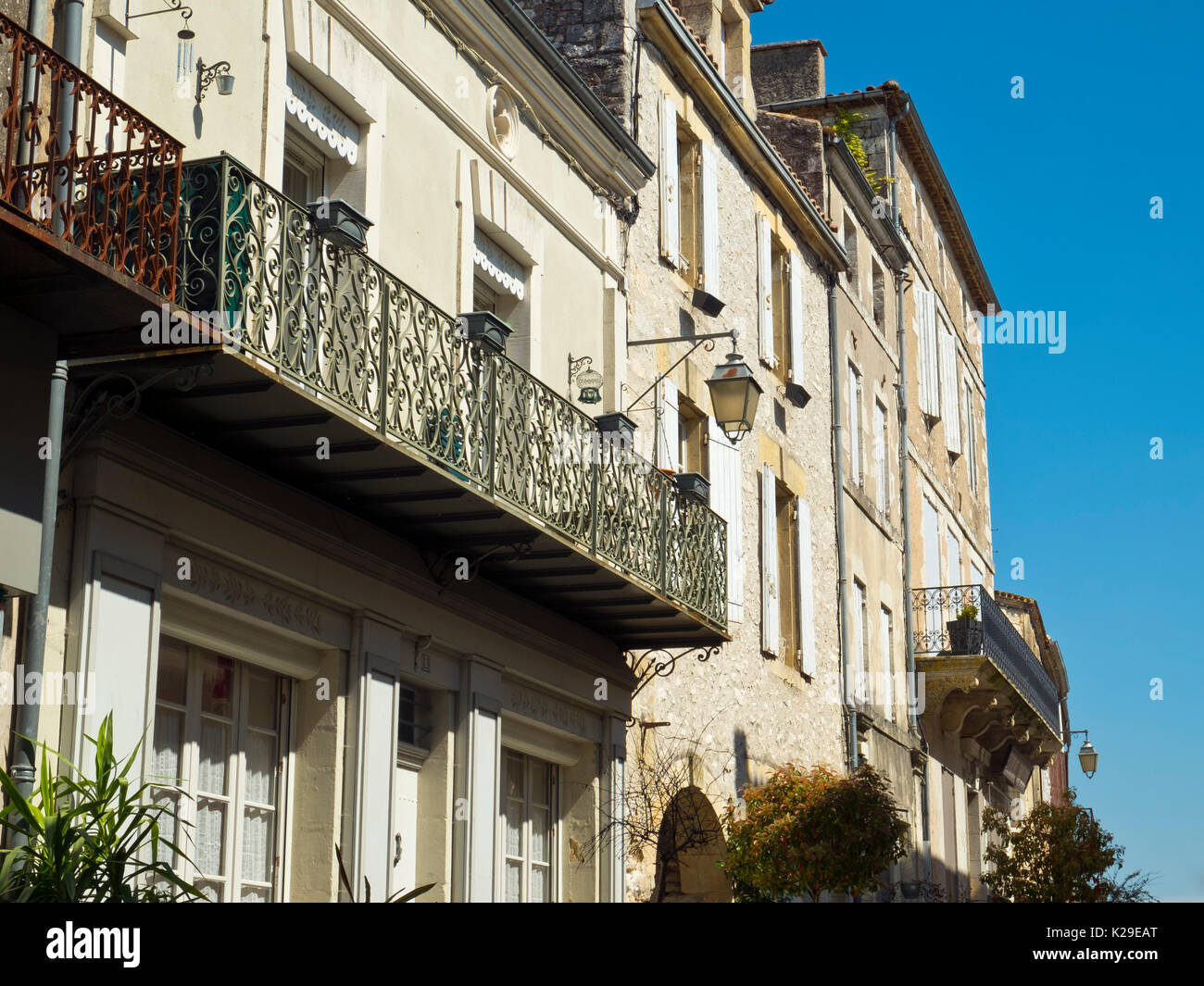 Typical architecture on a street in Monflanquin, Lot-et-Garonne, France ...
