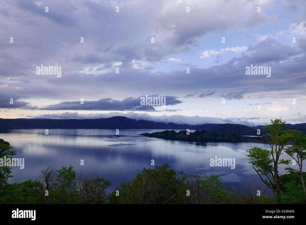 View of Lake Towada at sunset in Aomori, Japan. Lake Towada is the ...