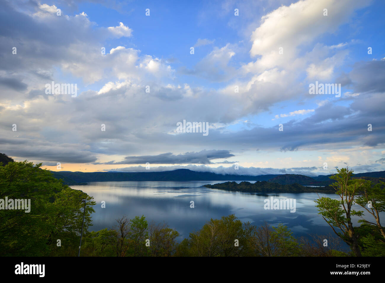 View of Lake Towada at sunset in Aomori, Japan. Lake Towada is part of ...