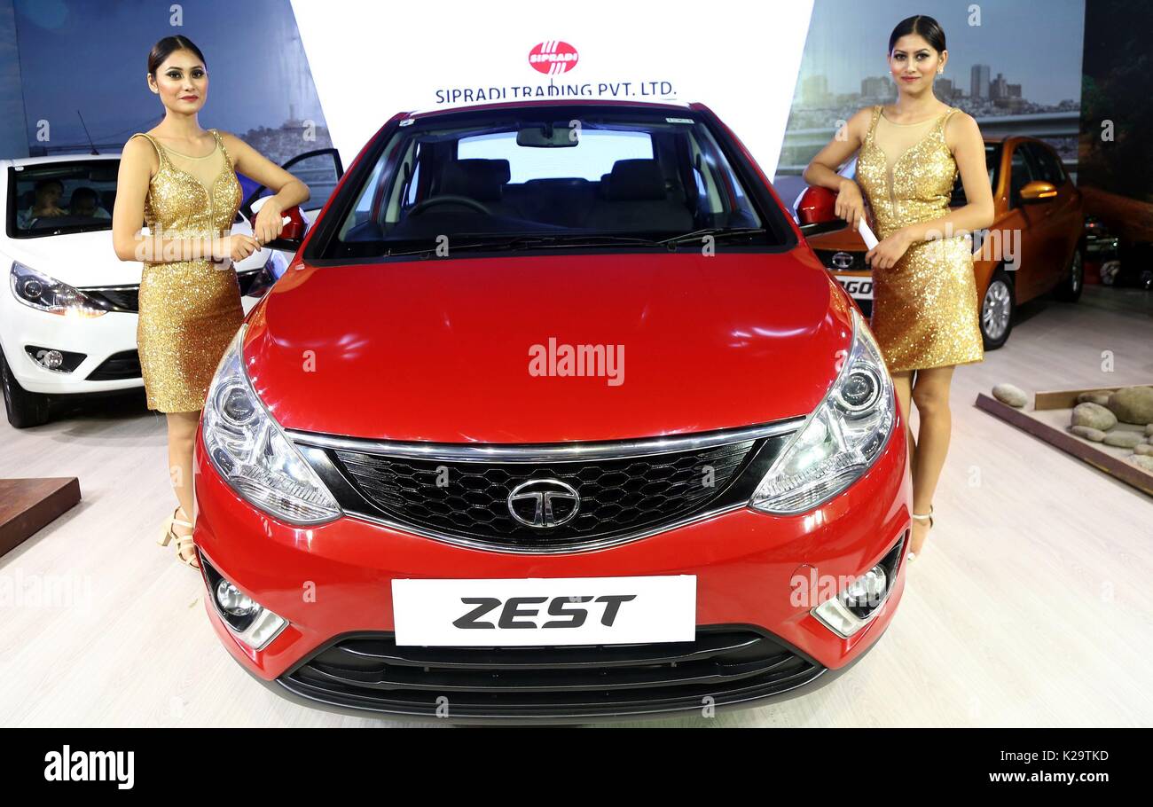Kathmandu, Nepal. 29th Aug, 2017. Models display a car at the 12th ...