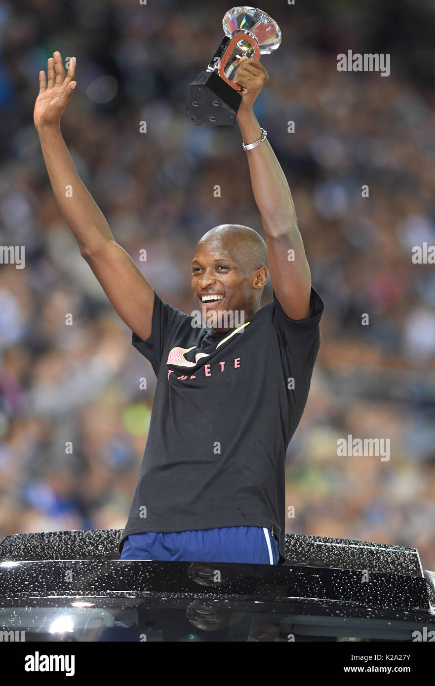 Luvo Manyonga (RSA) poses with the IAAF Diamond League longn jump ...