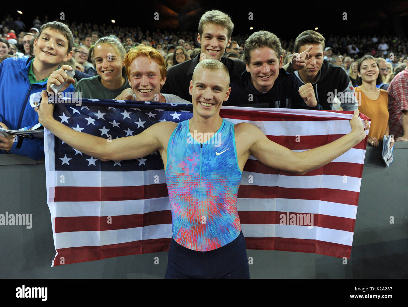 Sam Kendricks (USA) poses with United States flag after winning the ...