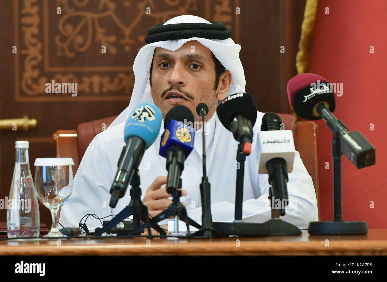 Doha, Qatar. 30th Aug, 2017. Qatari Foreign Minister Sheikh Mohamed bin ...