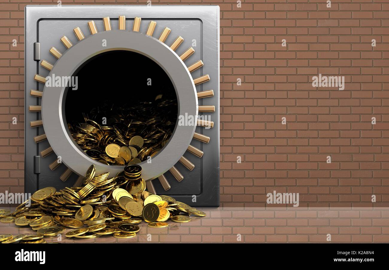 3d illustration of metal safe with golden coins over bricks wall ...