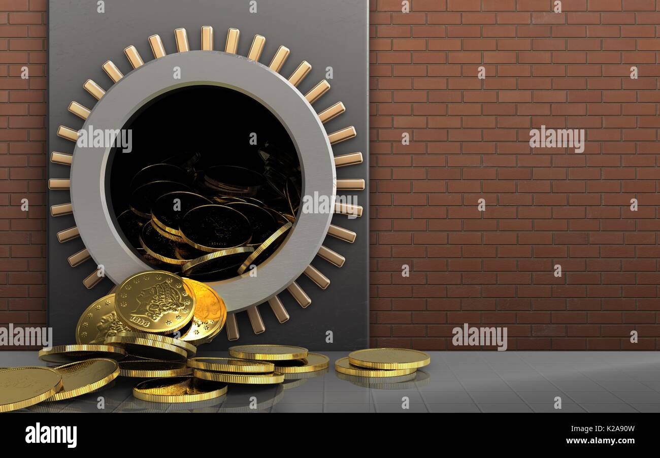 3d illustration of metal box with coins over red bricks background ...