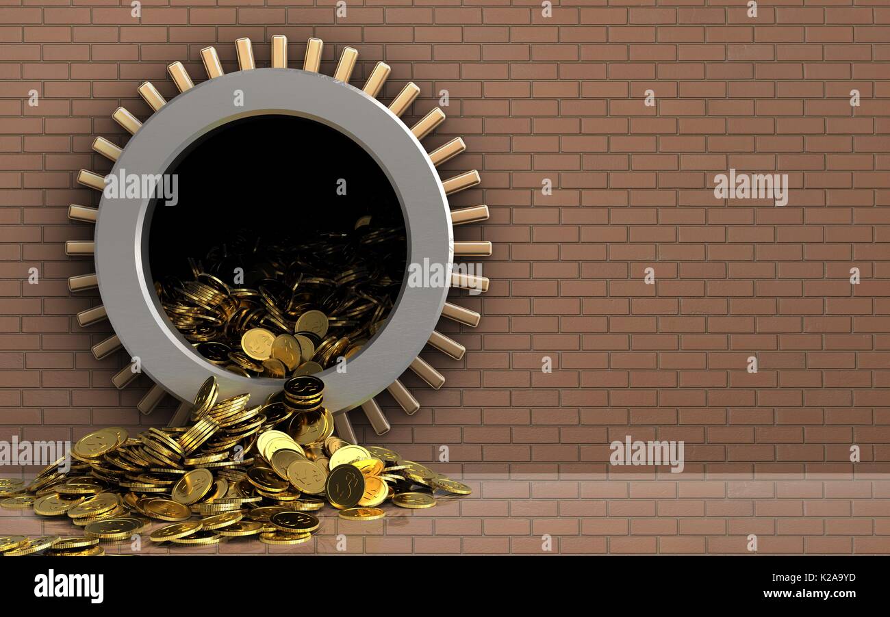 3d illustration of golden coins storage over bricks wall background ...