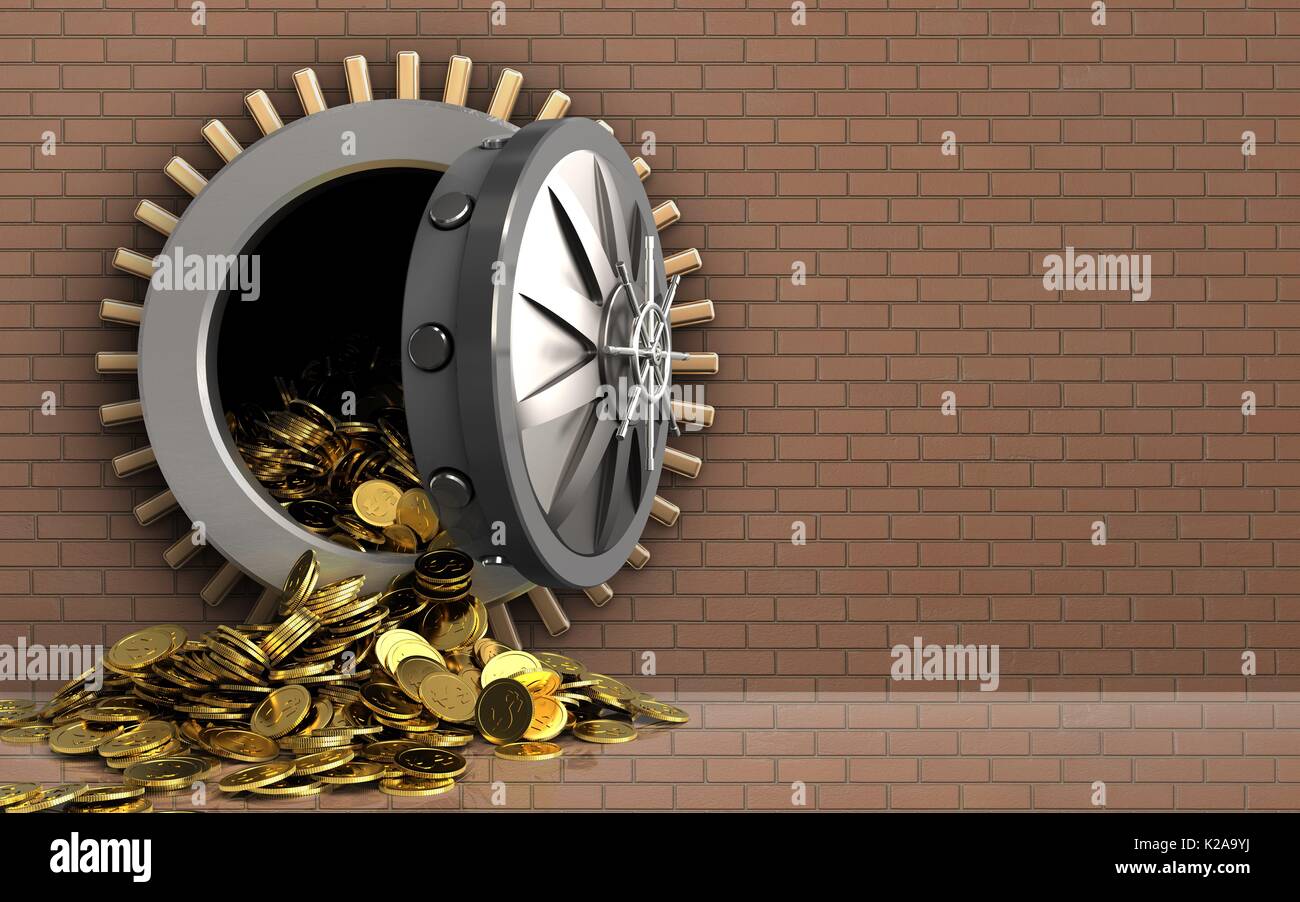 3d illustration of golden coins storage over bricks wall background ...