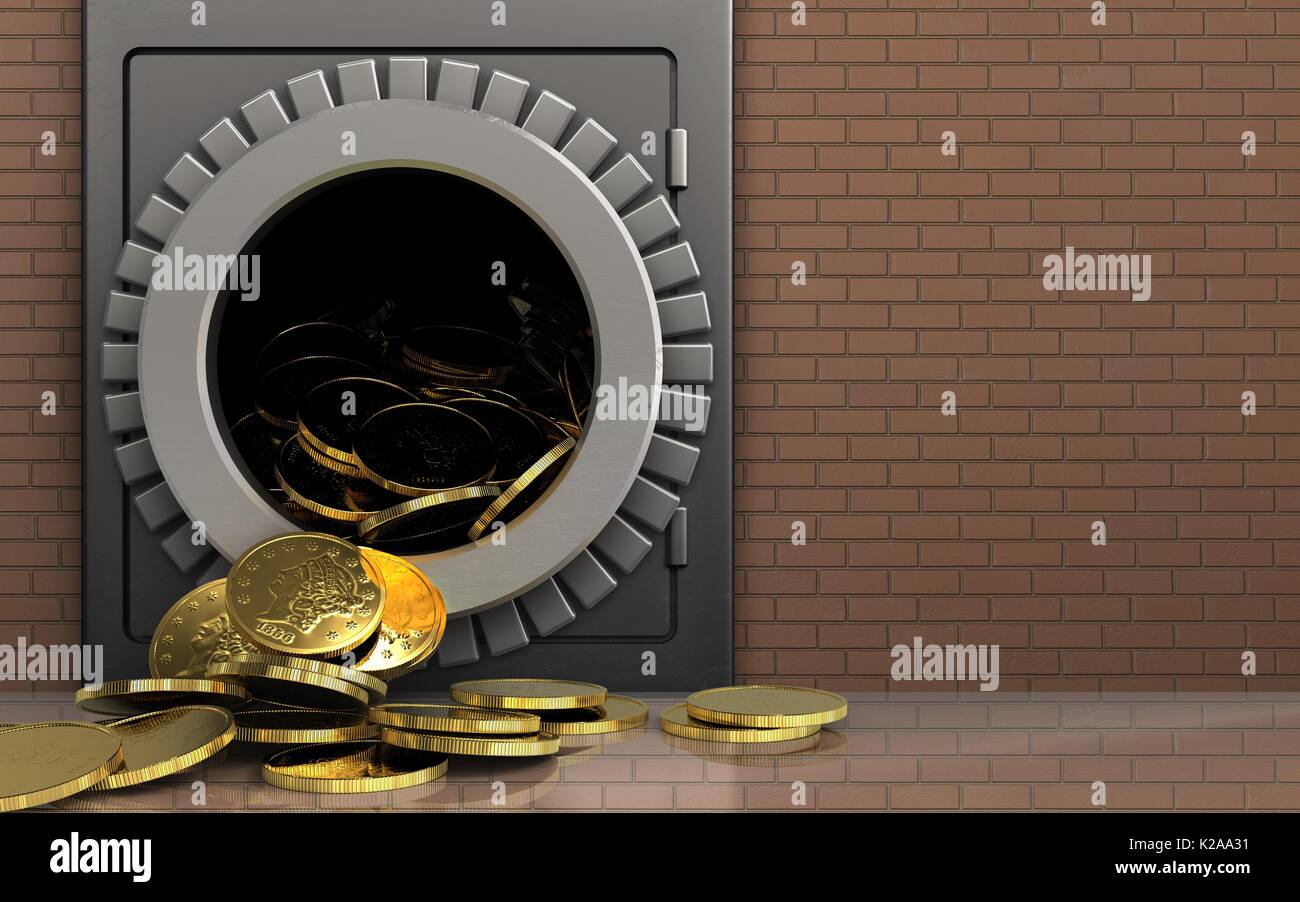 3d illustration of metal safe with coins over bricks wall background ...