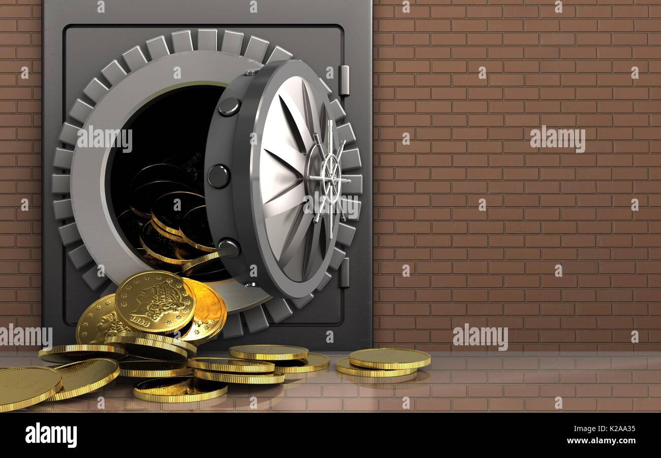 3d illustration of metal safe with coins over bricks wall background ...