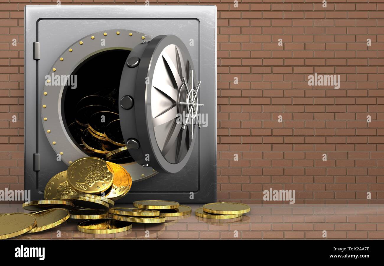 3d illustration of metal safe with coins over bricks wall background ...