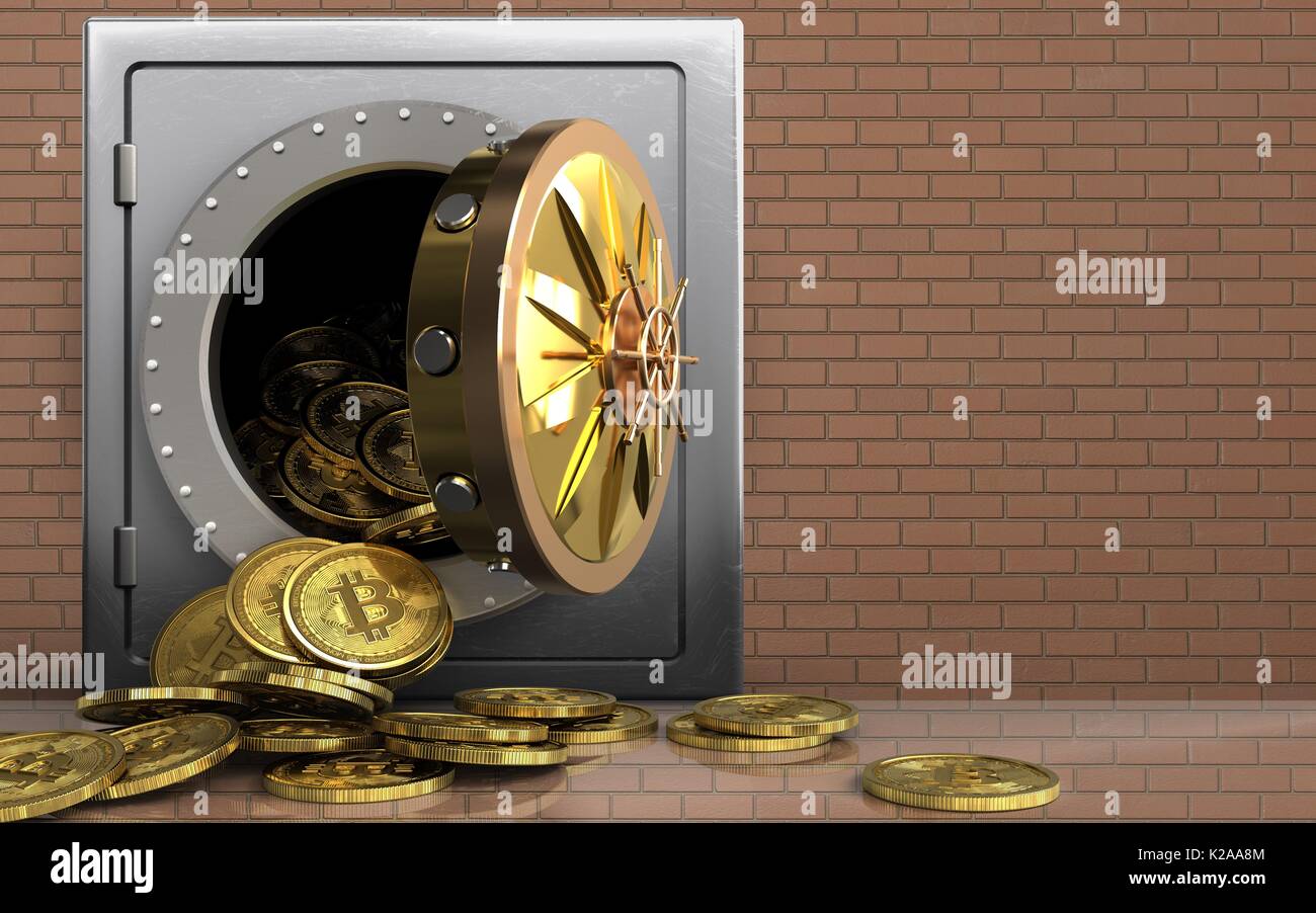 3d illustration of metal safe with bitcoins heap over bricks wall ...
