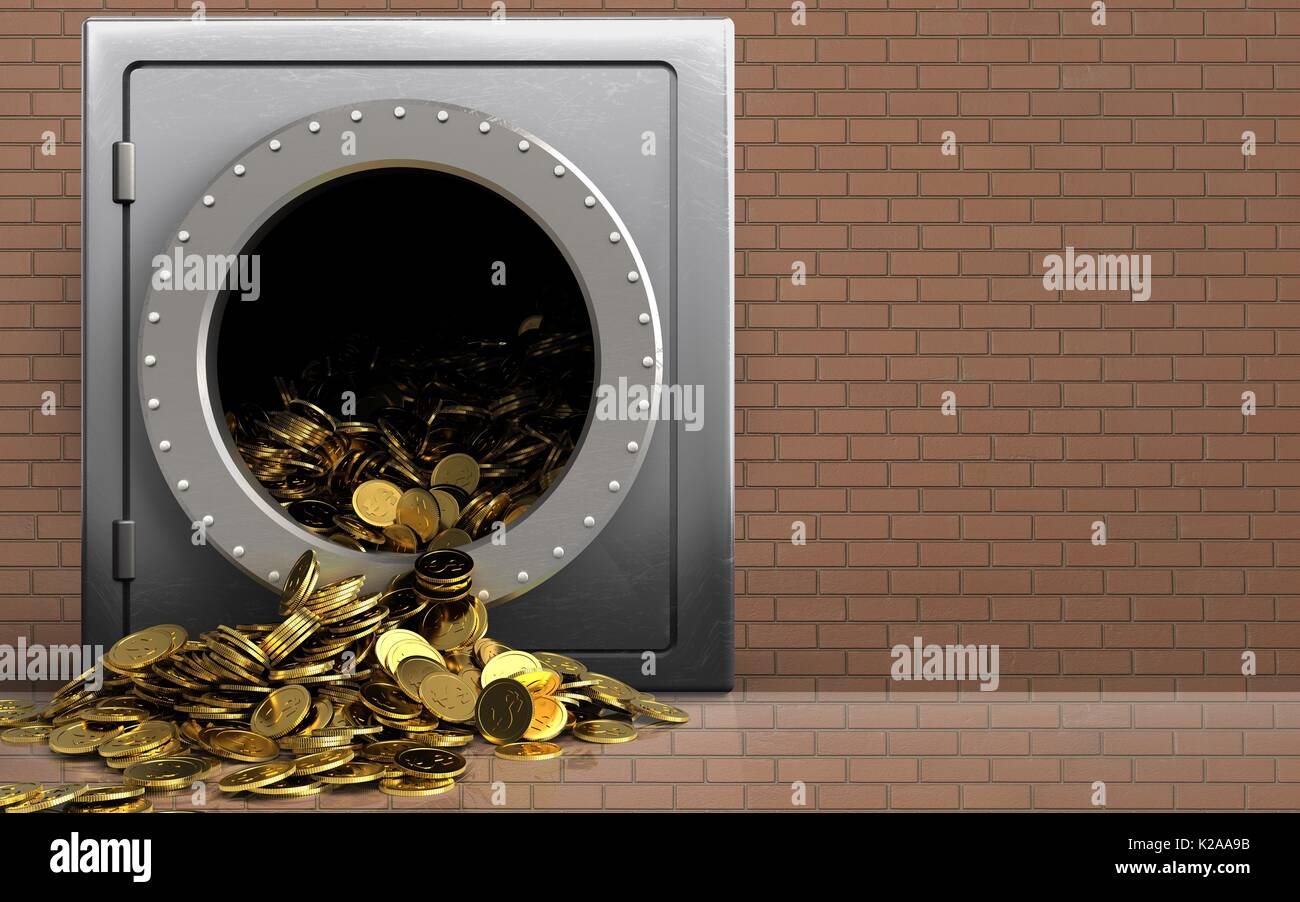 3d illustration of metal safe with golden coins over bricks wall ...