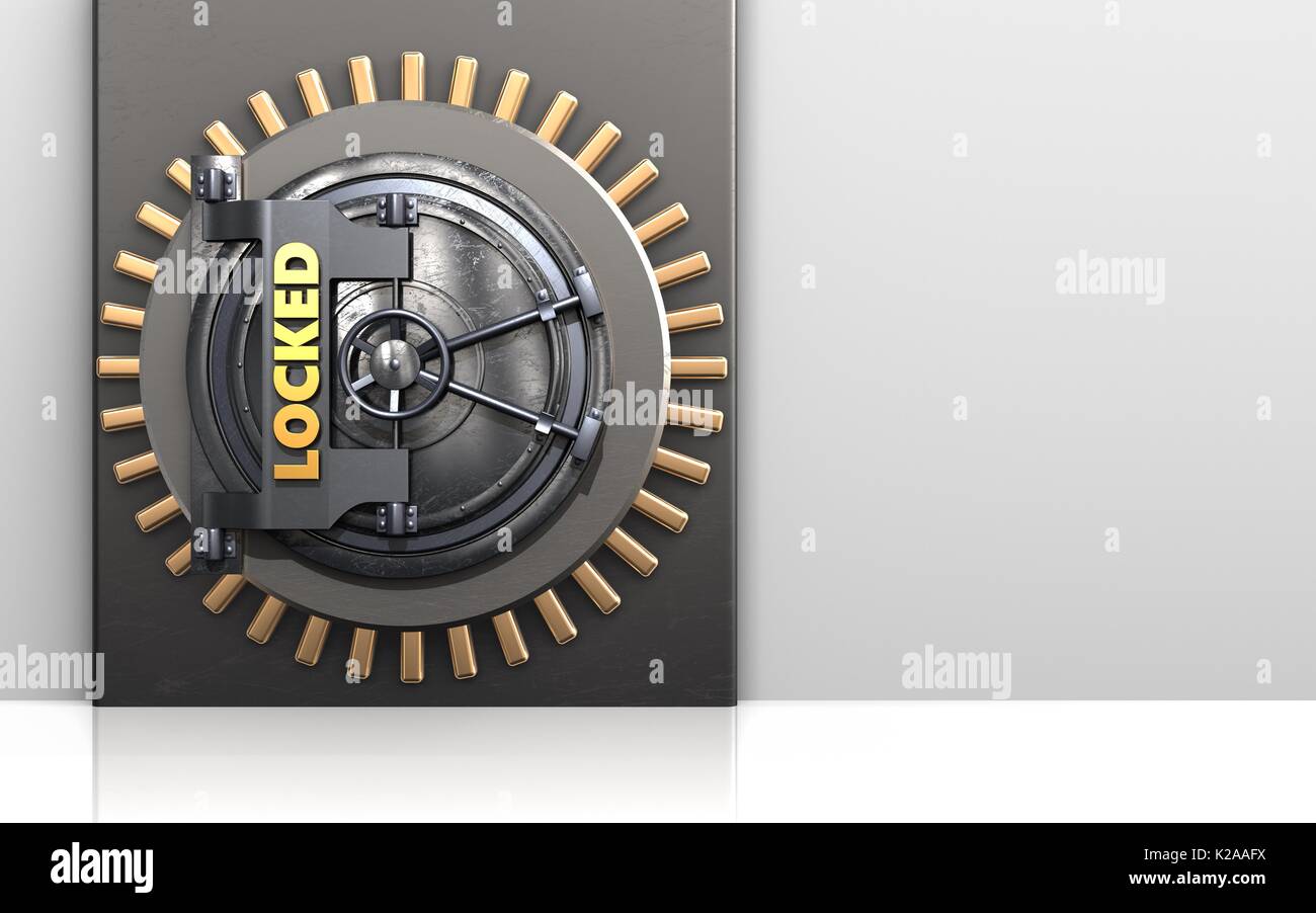 3d illustration of metal box with locked vault door over white ...