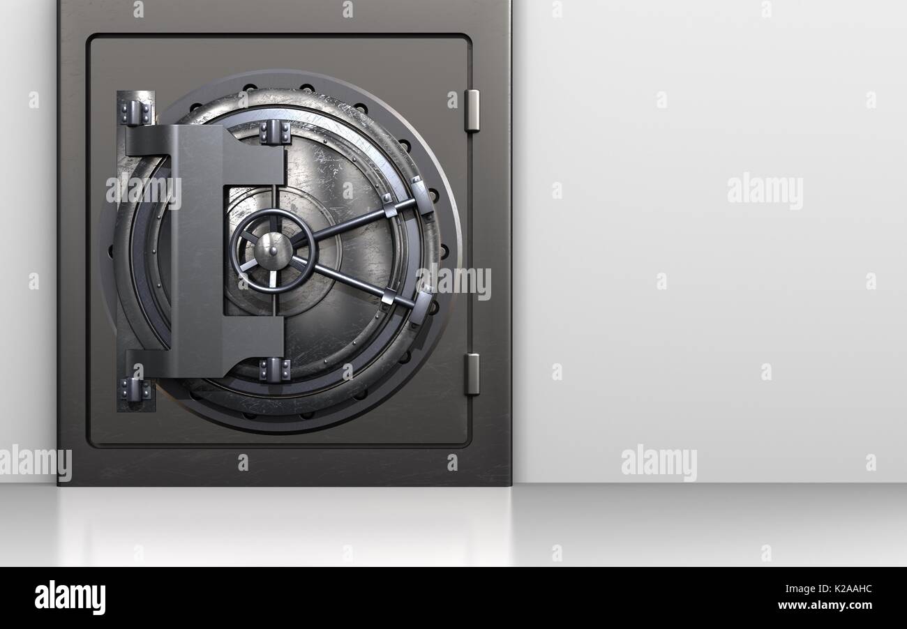 3d illustration of metal safe with steel door over white background ...