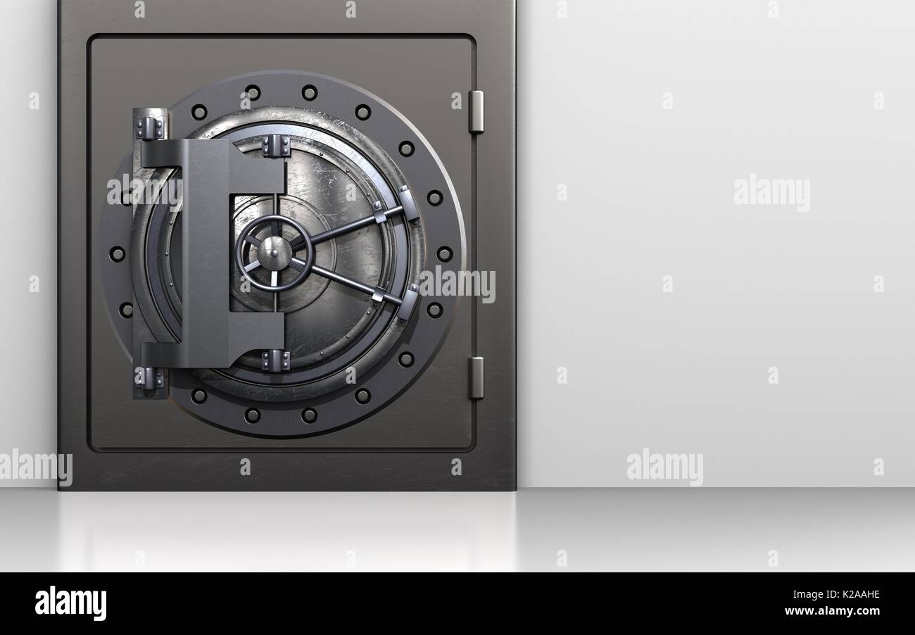 3d illustration of metal safe with vault door over white background ...