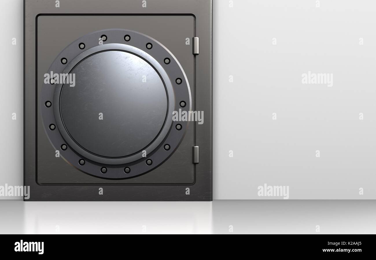 3d illustration of metal safe with vault door template over white ...