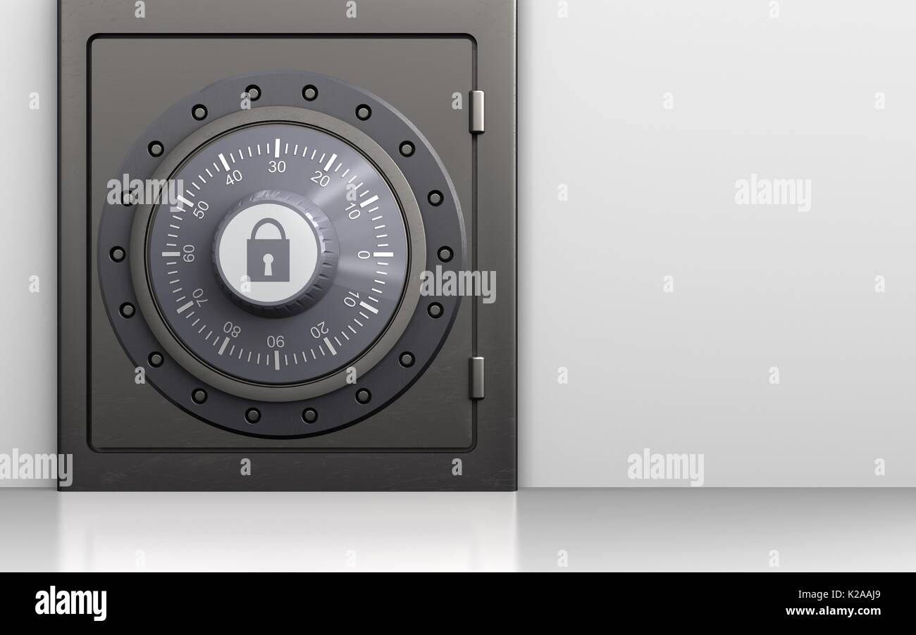 3d illustration of metal safe with combination lock over white ...