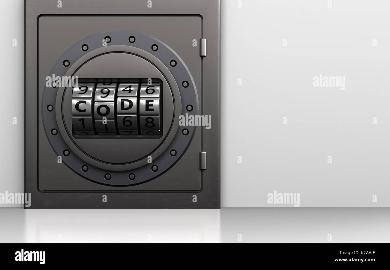 3d illustration of metal safe with code dial over white background ...