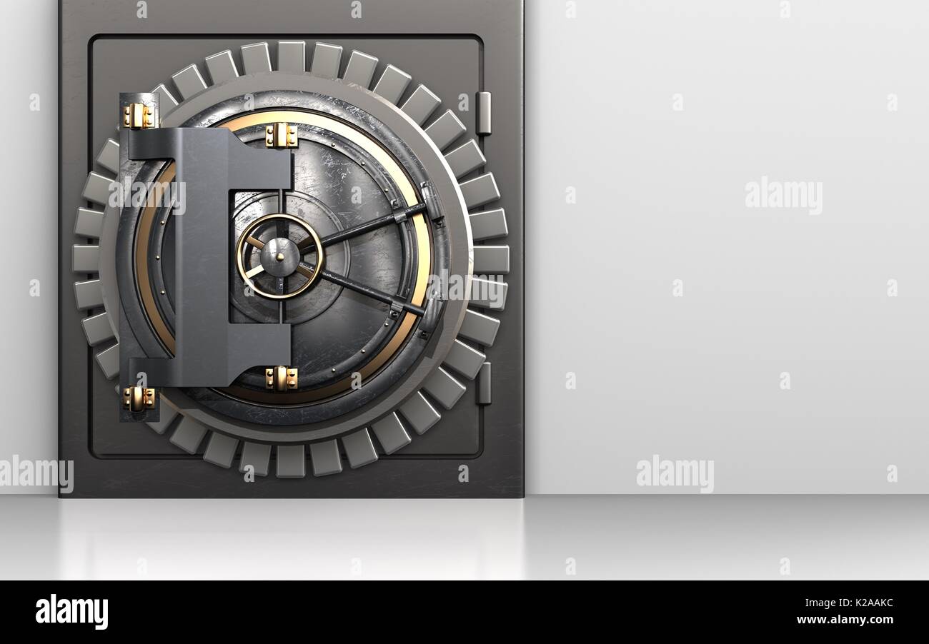 3d illustration of metal safe with vault door over white background ...