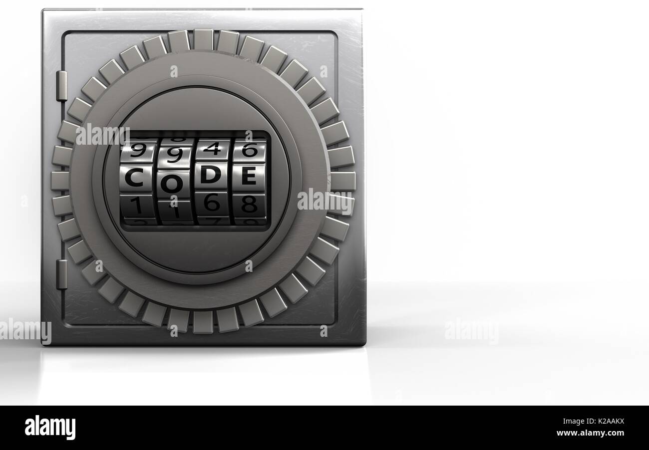 3d illustration of metal safe with code dial over white background ...