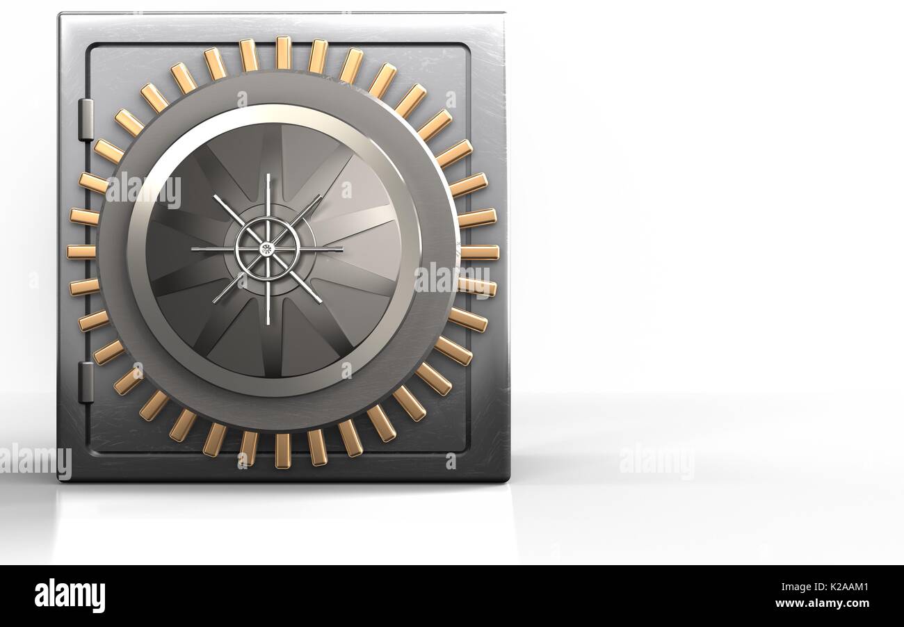 3d illustration of metal safe with vault door over white background ...