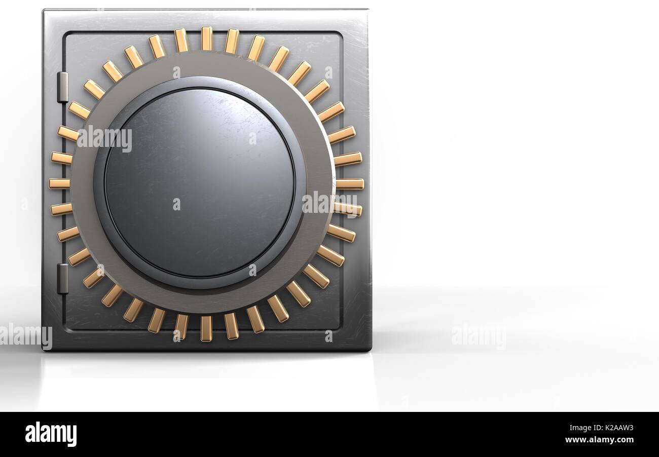 3d illustration of metal safe with vault door template over white ...