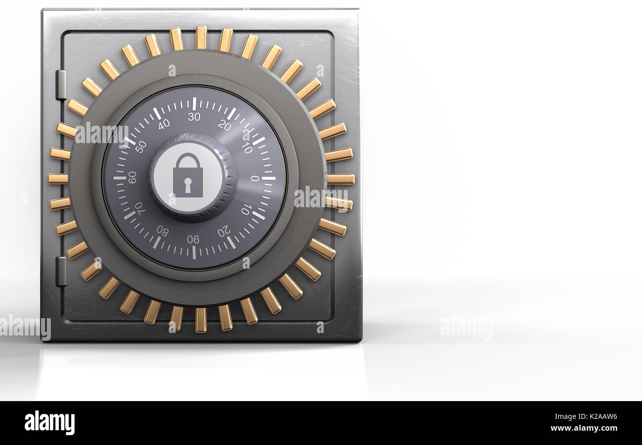 3d illustration of metal safe with combination lock over white ...