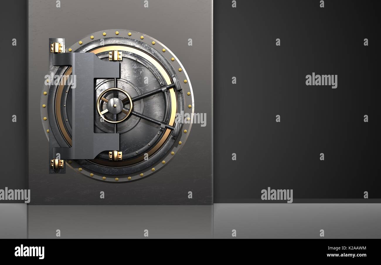 3d illustration of metal box with vault door over black background ...