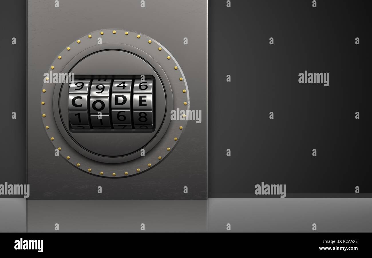 3d illustration of metal box with code dial over black background Stock ...