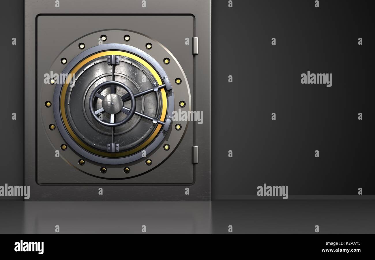 3d illustration of metal safe with wheel door over black background ...