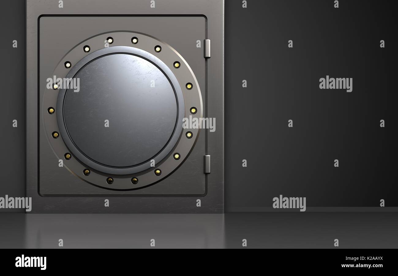 3d illustration of metal safe with vault door template over black ...