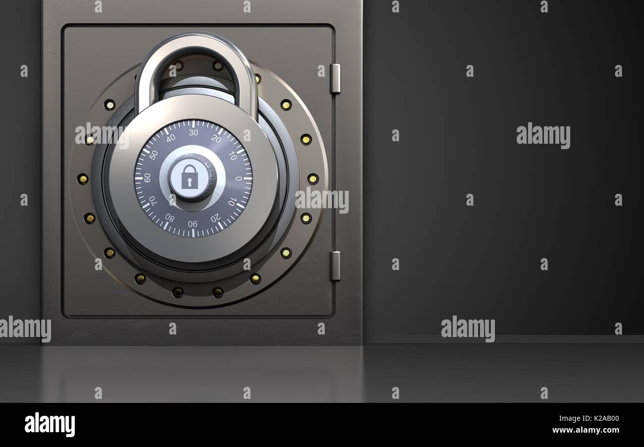 3d illustration of metal safe with lock over black background Stock ...