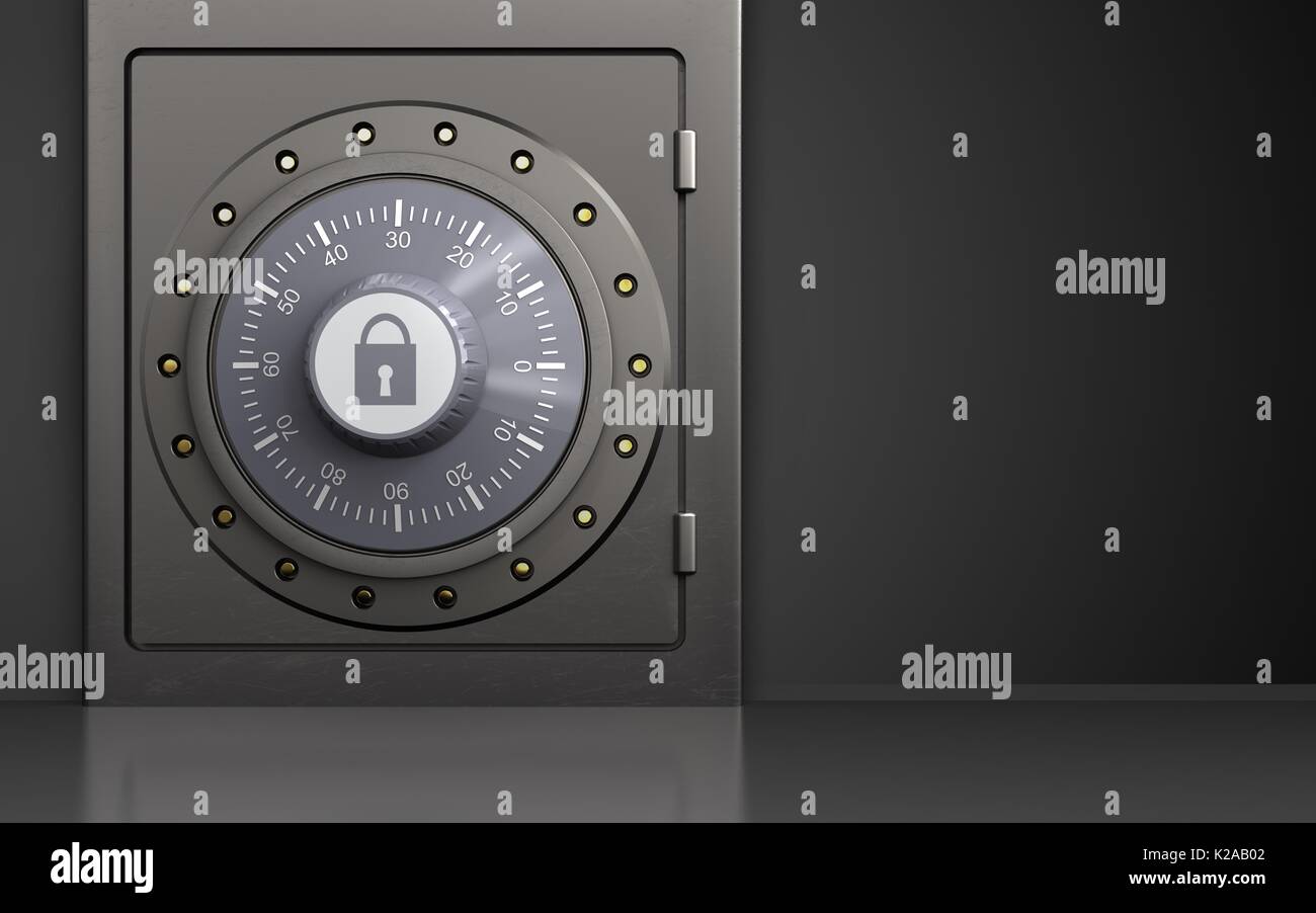 3d illustration of metal safe with combination lock over black ...