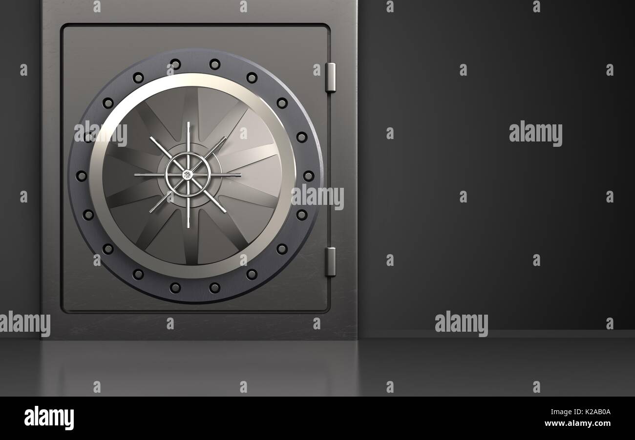 3d illustration of metal safe with vault door over black background ...