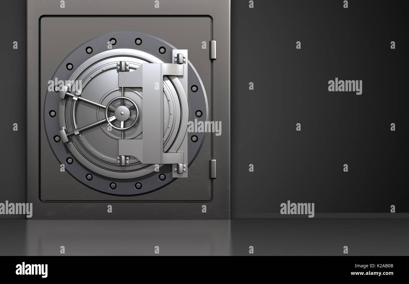 3d illustration of metal safe with steel bank door over black ...