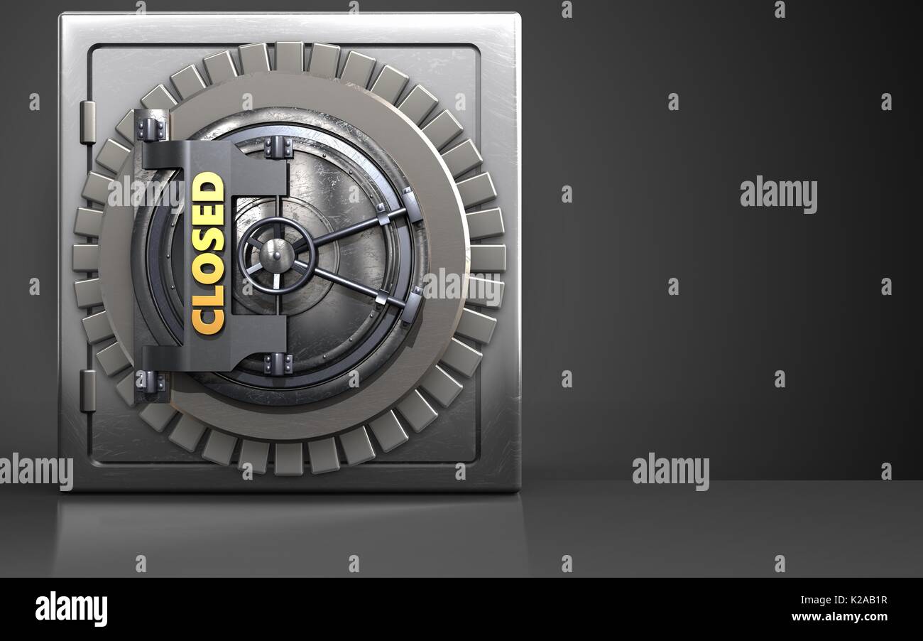 3d illustration of metal safe with closed vault door over black ...