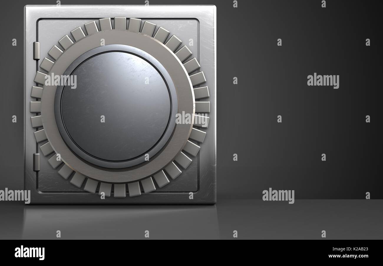3d illustration of metal safe with vault door template over black ...