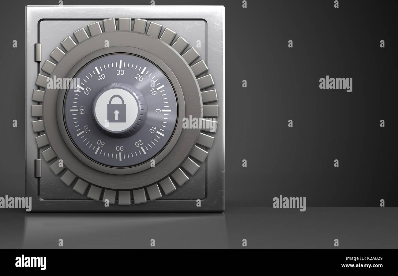 3d illustration of metal safe with combination lock over black ...