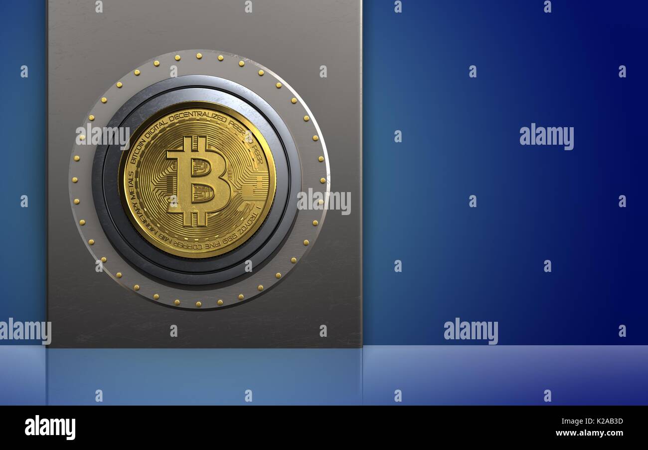 3d illustration of metal box with bitcoin safe over blue background ...