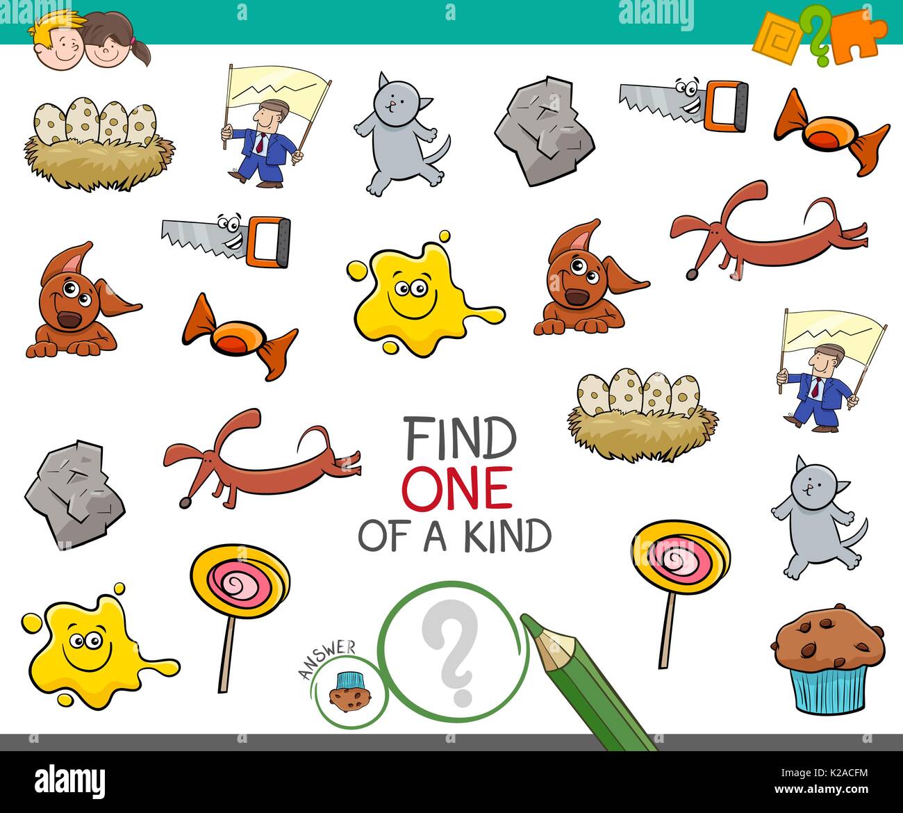 Cartoon Illustration of Find One of a Kind Educational Activity for ...